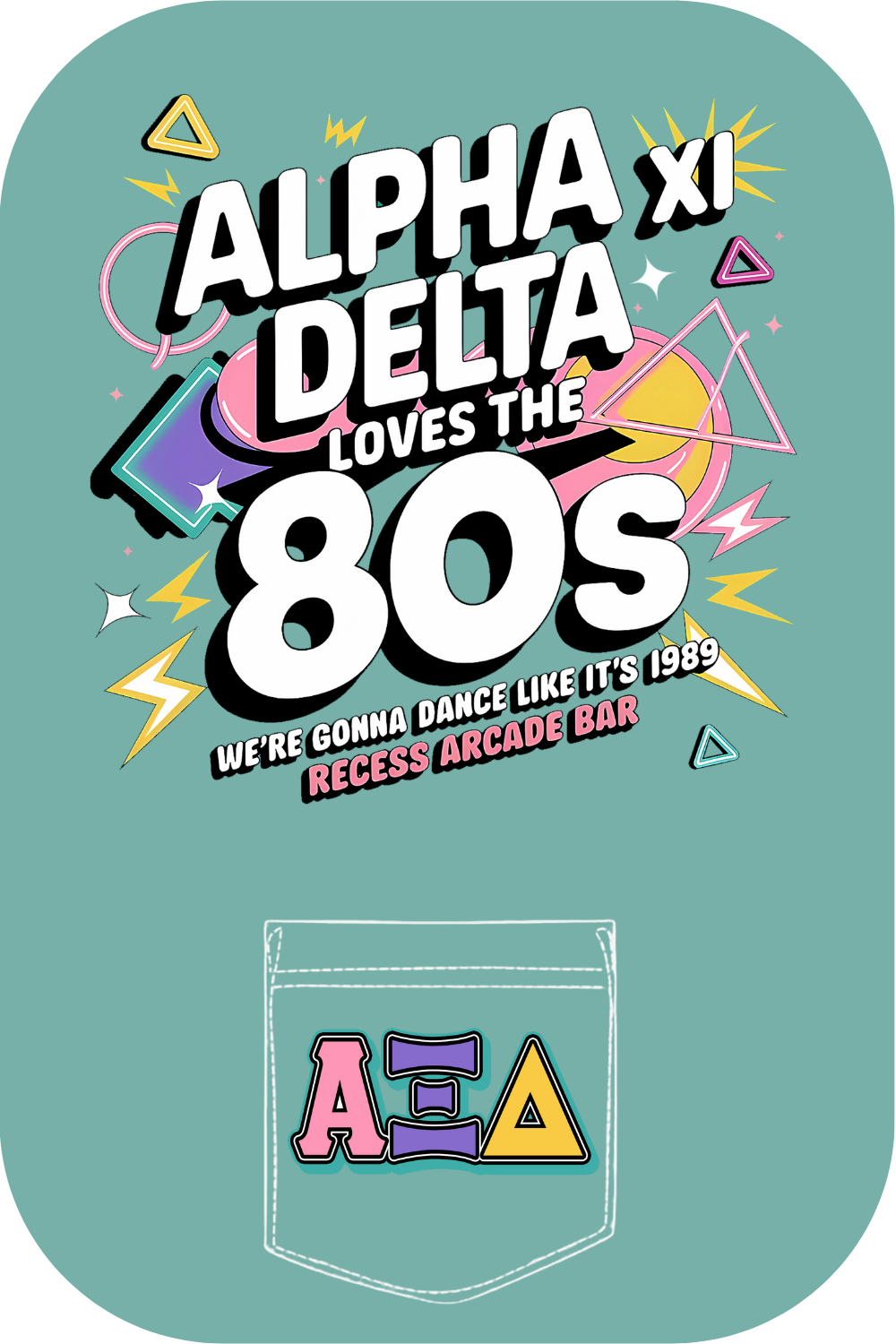 Custom Alpha Xi Delta Loves 80s – Kite and Crest